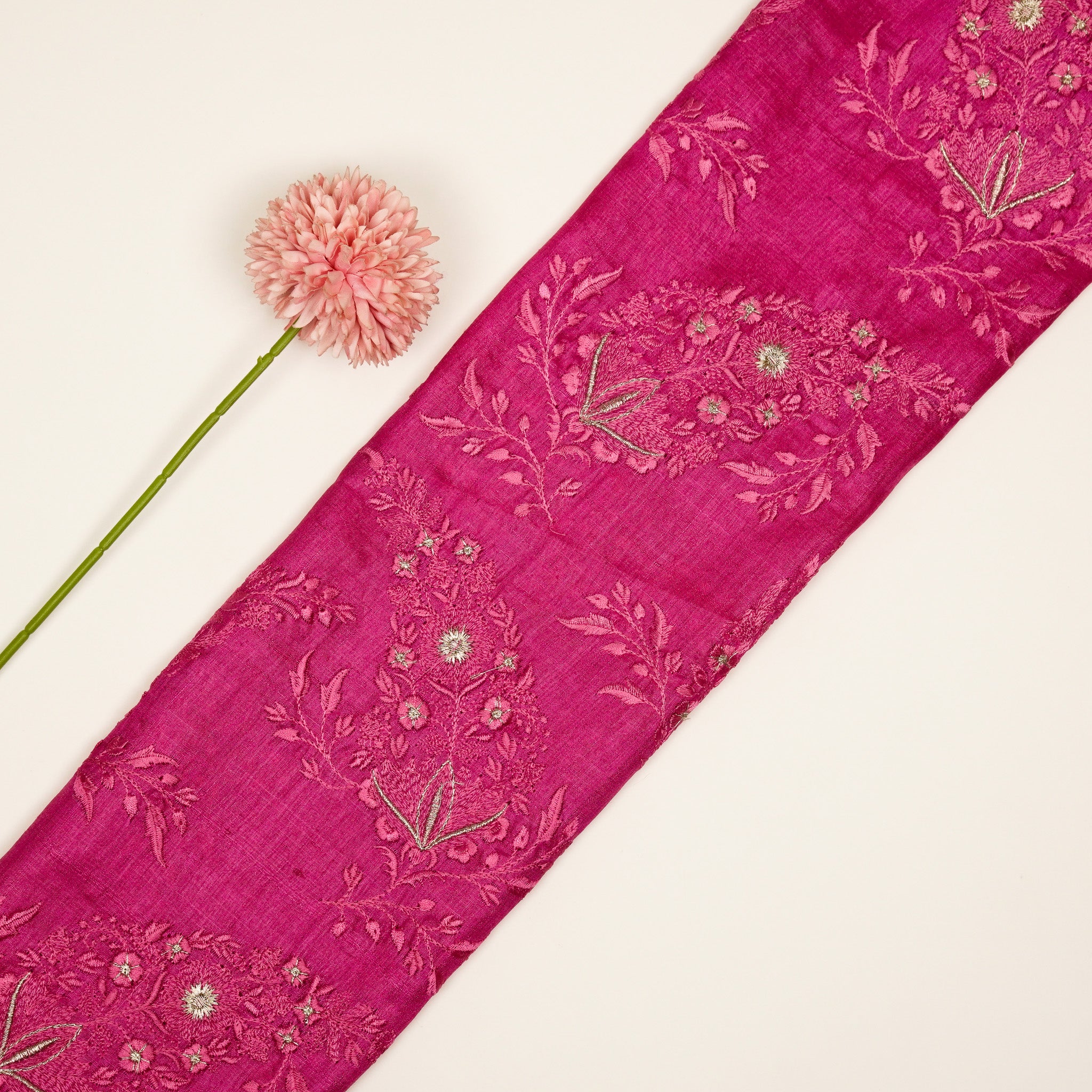 Zohra Buta on Fuxia Semi Raw Silk Embroidered Fabric – Zarinama