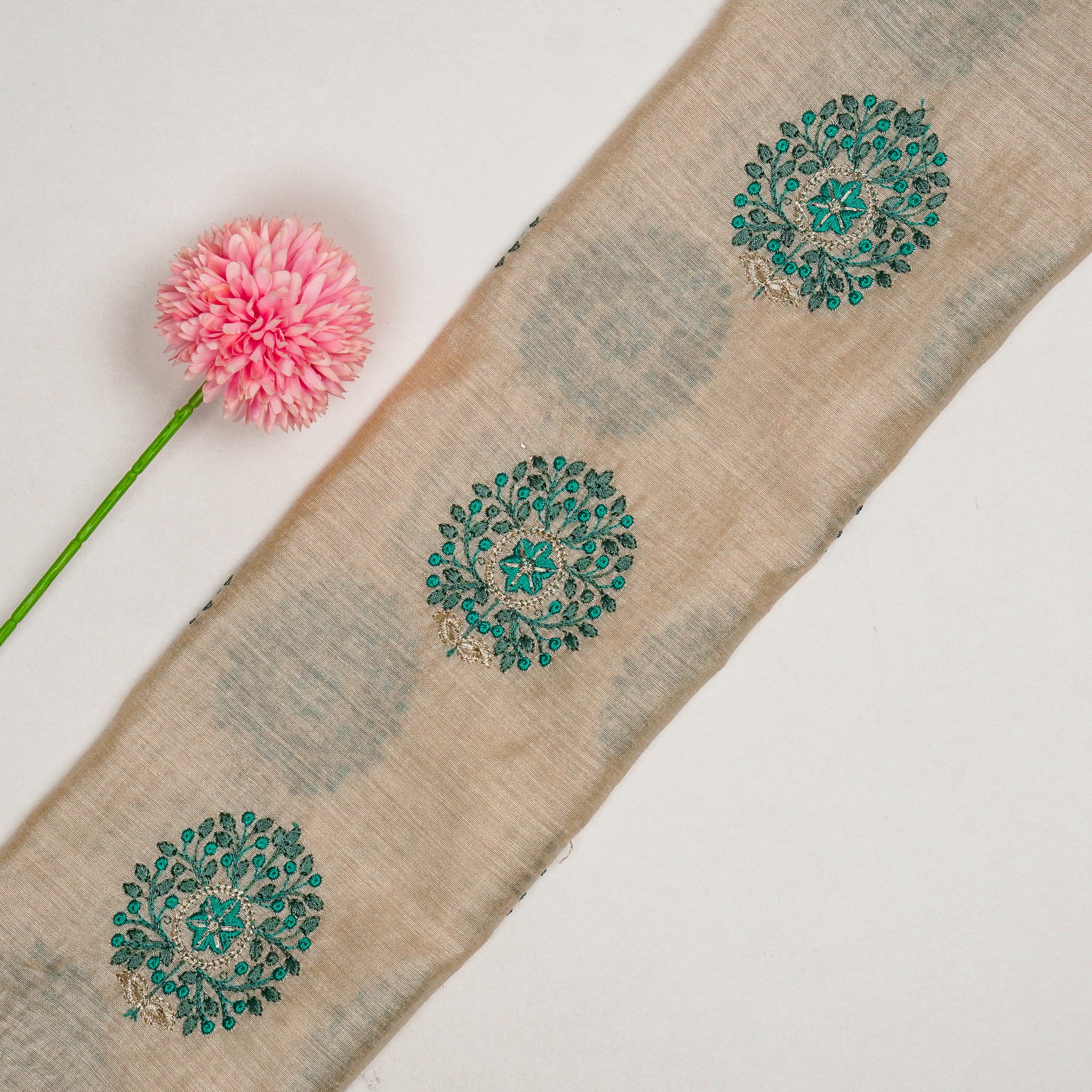 Taaliah Buta on Natural/Teal Munga Silk Embroidered Fabric – Zarinama