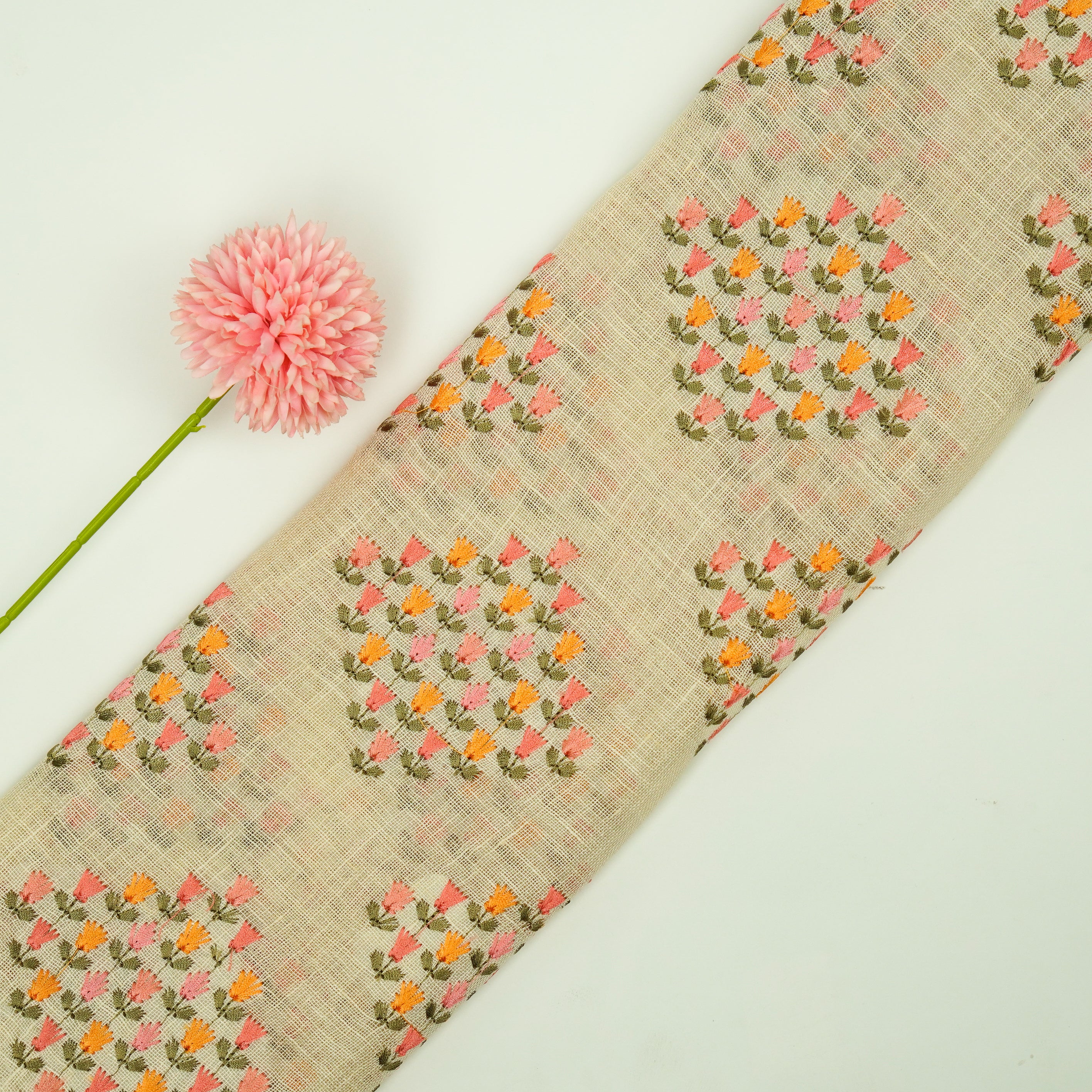 Nazneen Buta on Cream Gauged Linen – Zarinama