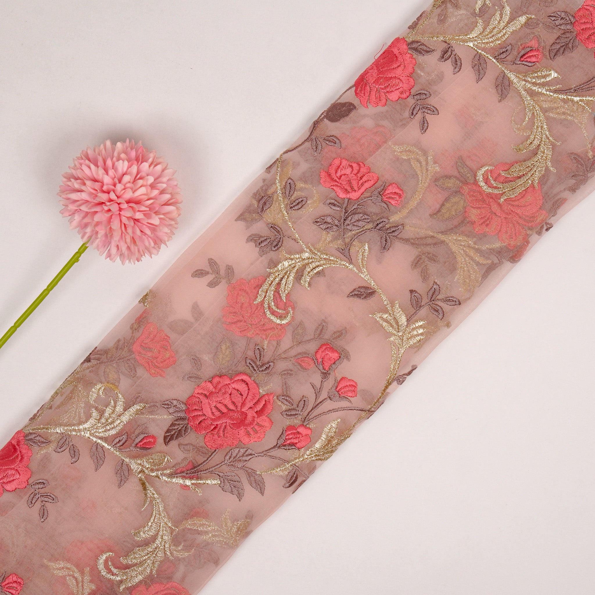 Alisha Jaal on Light Gajari Silk Organza Embroidered Fabric – Zarinama