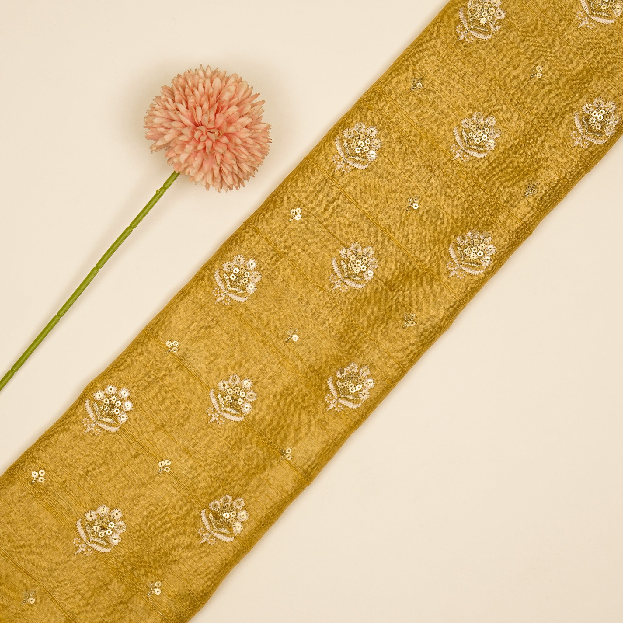 Naaz Buti On Dusky Gold Tussar Silk Embroidered Fabric – Zarinama