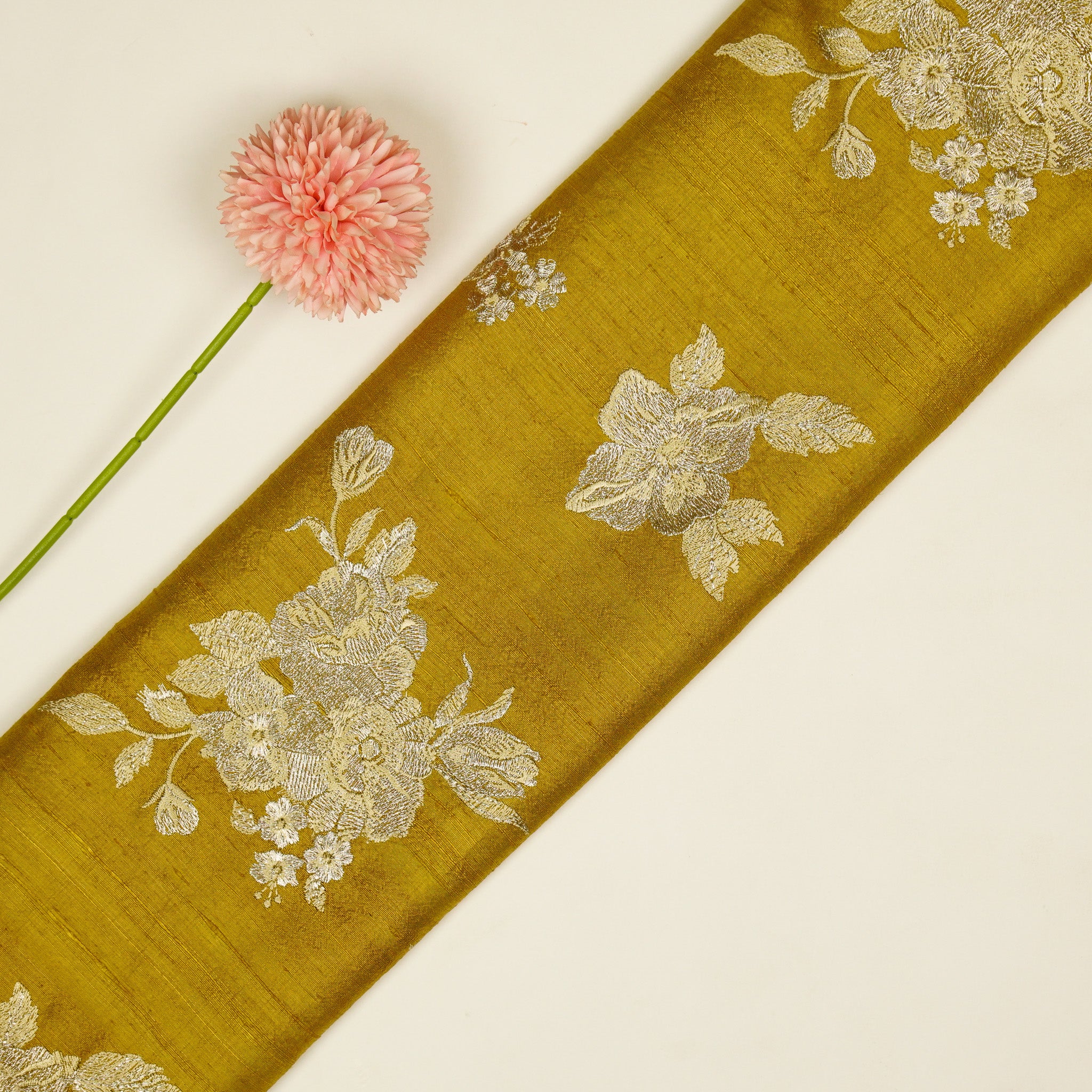 Taru Buta on Dusky Gold Raw Silk Embroidered Fabric – Zarinama
