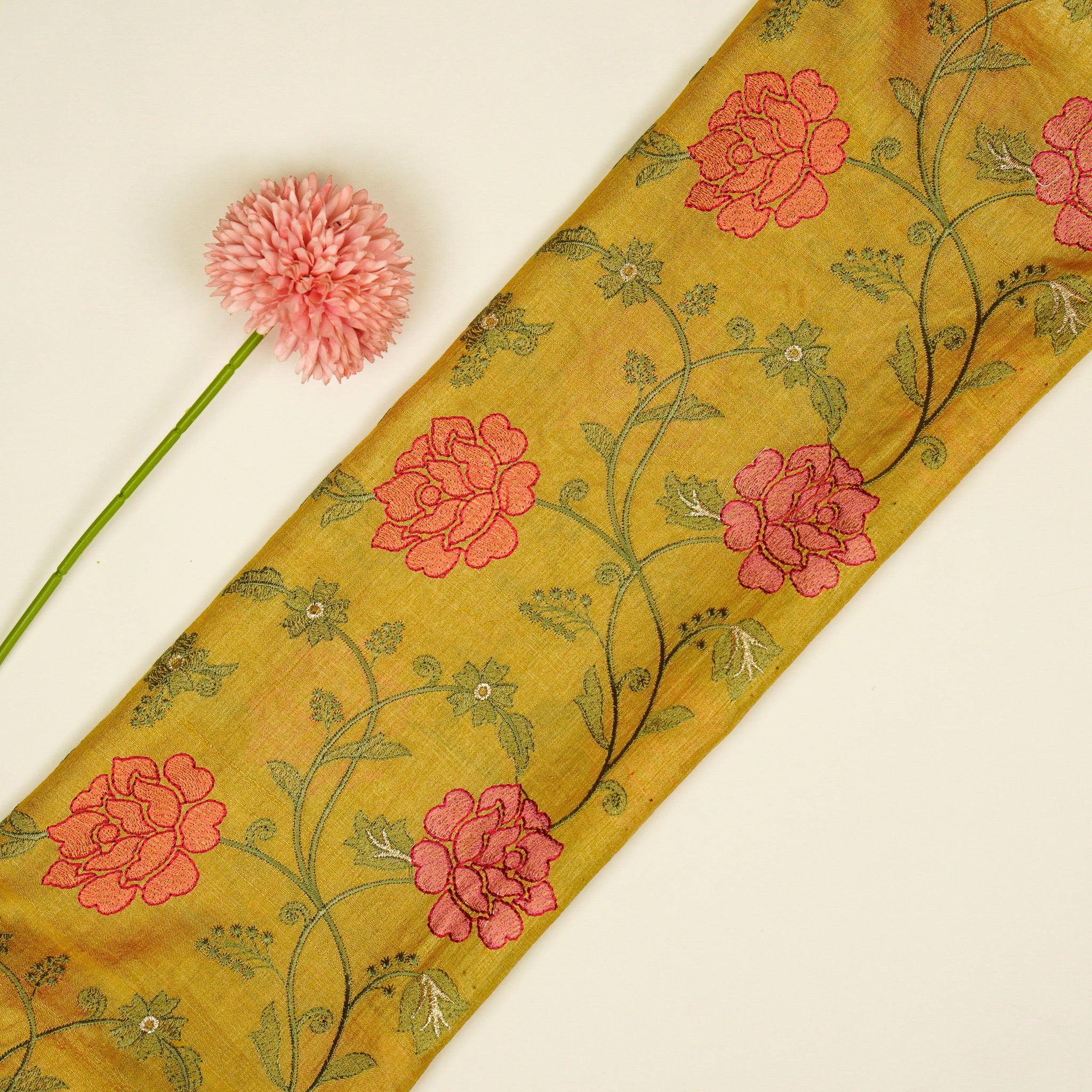 Reemah Jaal On Dusky Gold Tussar Silk Embroidered Fabric – Zarinama